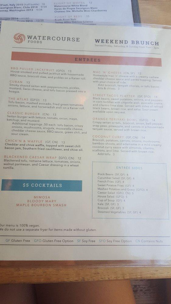 Menu at Watercourse Foods restaurant, Denver, 837 E 17th Ave