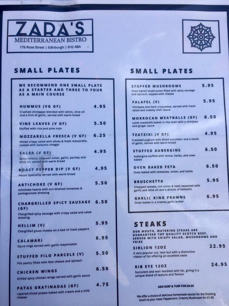 Menu at Zara's Mediterranean Bistro restaurant, Edinburgh