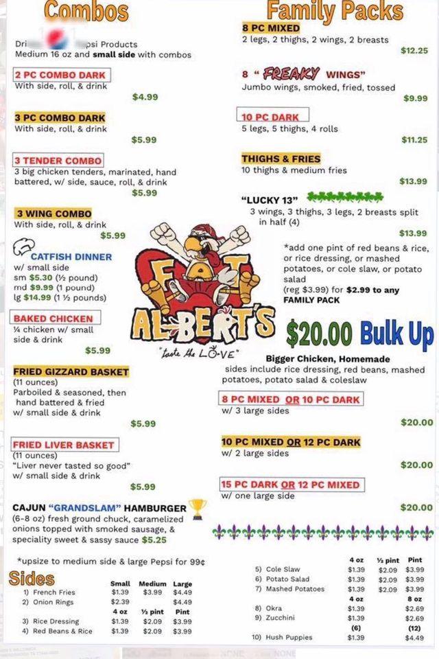 Menu at Fat Albert's Fried Chicken restaurant, Lafayette