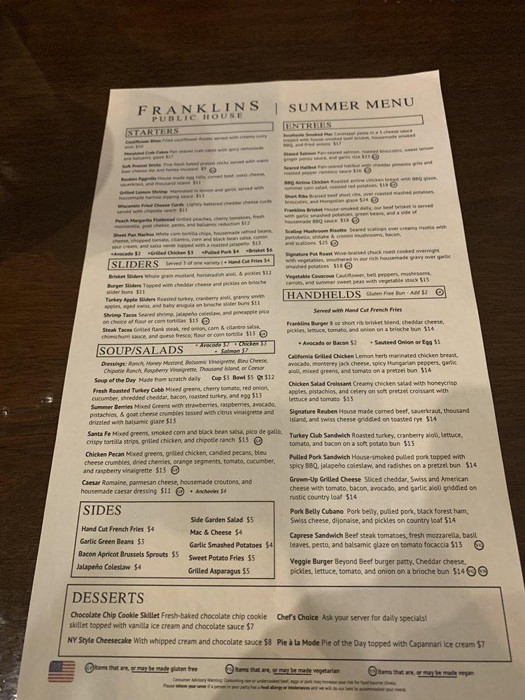Menu at Franklins Public House, Palos Heights