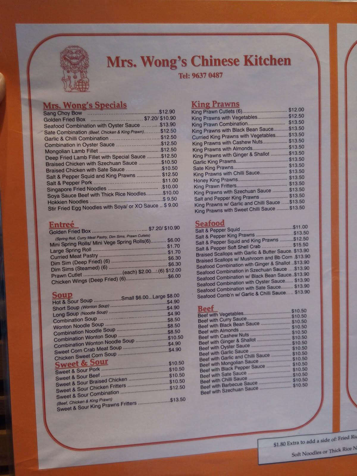 Menu at Mrs Wong's Chinese Kitchen fast food, Merrylands, McFarlane St