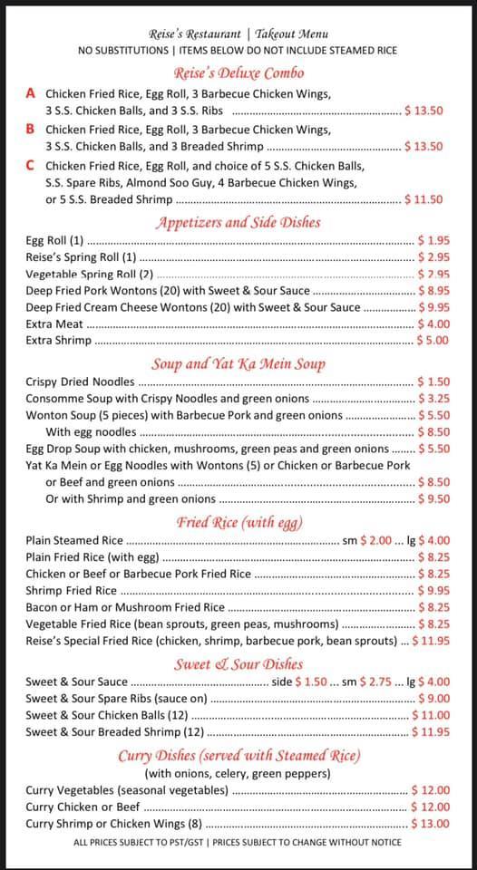 Menu at Reise's Restaurant, Sudbury