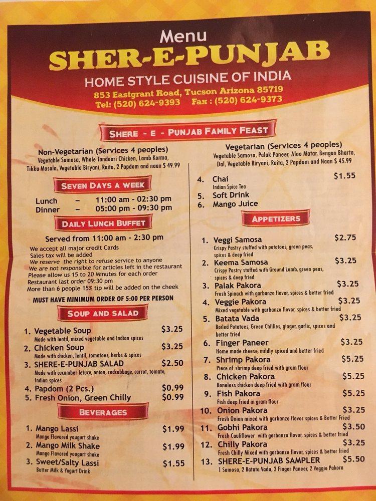 Menu at Sher-e-Punjab restaurant, Tucson, 853 E Grant Rd
