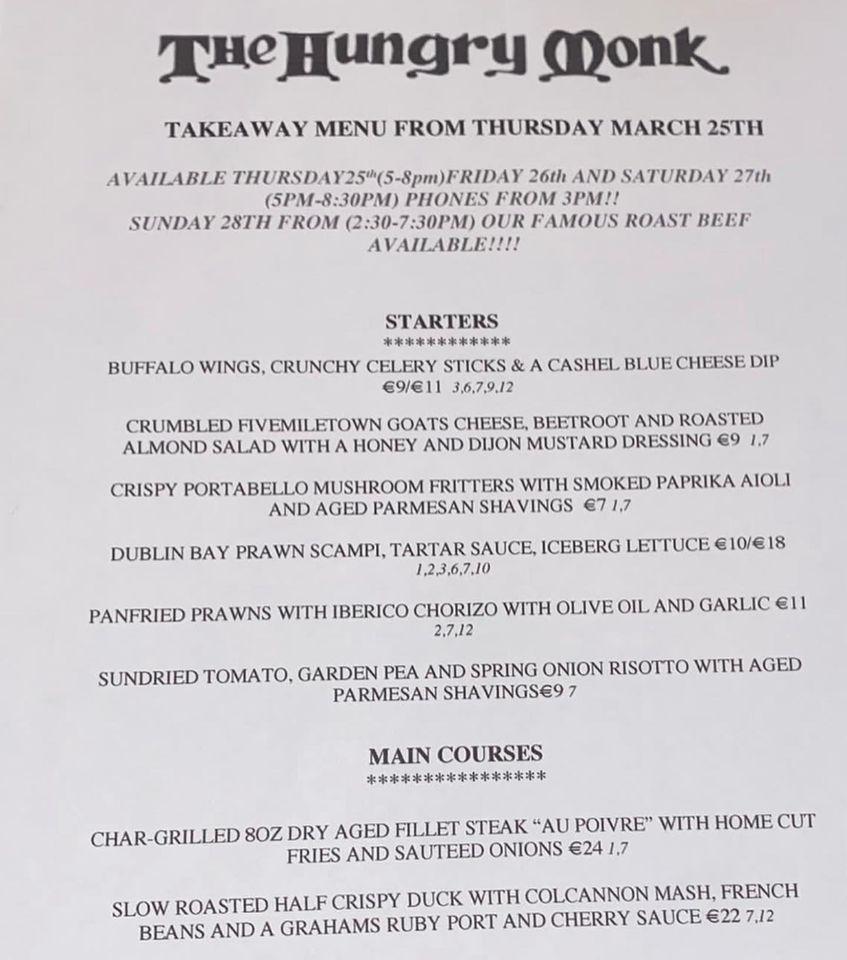 Menu at The Hungry Monk restaurant, Greystones