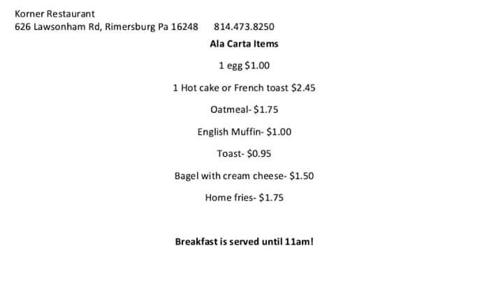 Menu at The Korner Restaurant, Rimersburg, 626 Lawsonham Rd