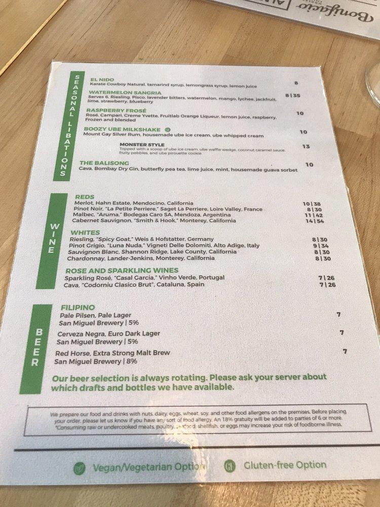 Menu at Bonifacio pub & bar, Columbus