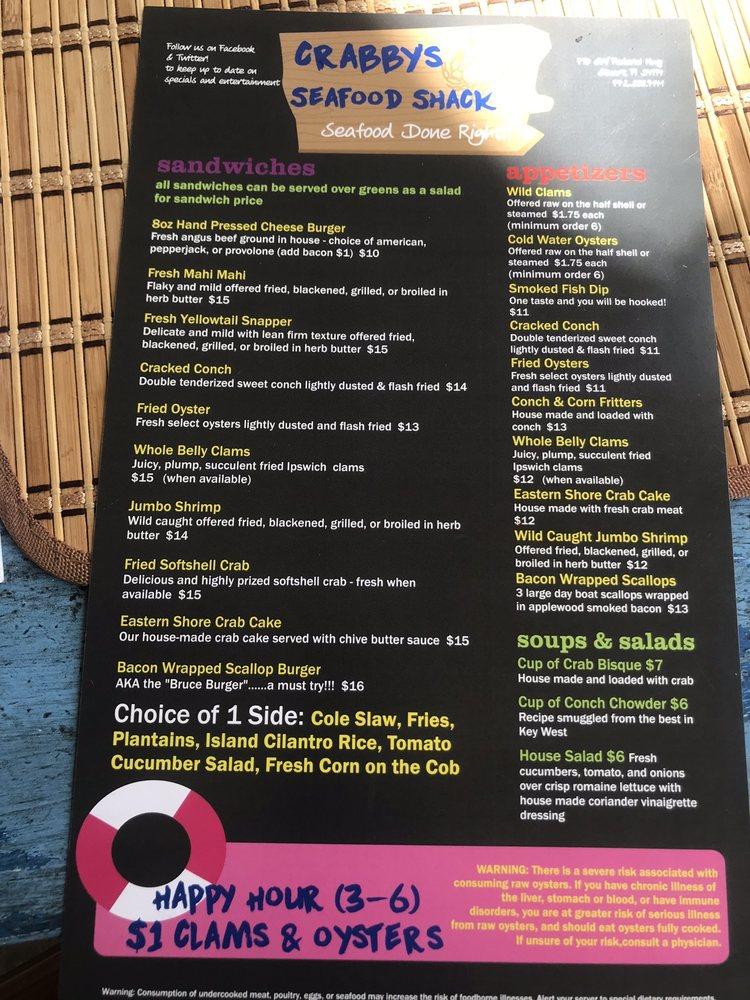 Menu at Crabby's Seafood Shack steakhouse, Stuart