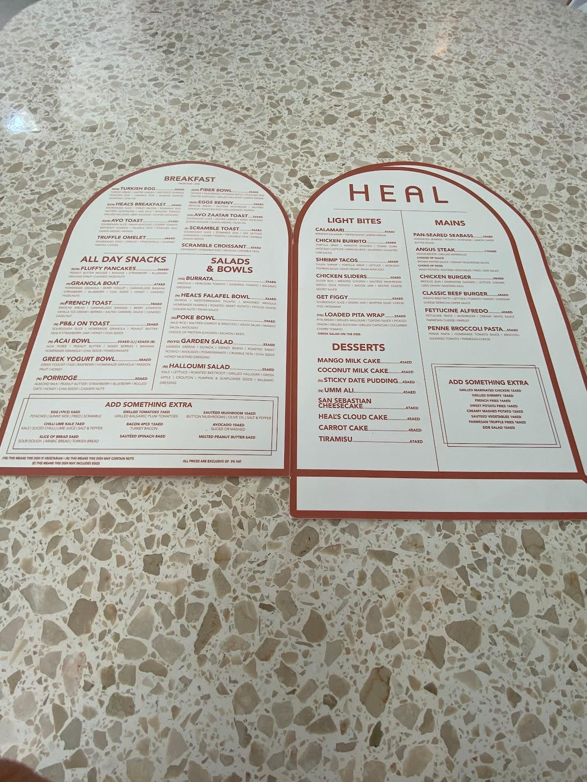 Menu at HEAL restaurant, Dubai