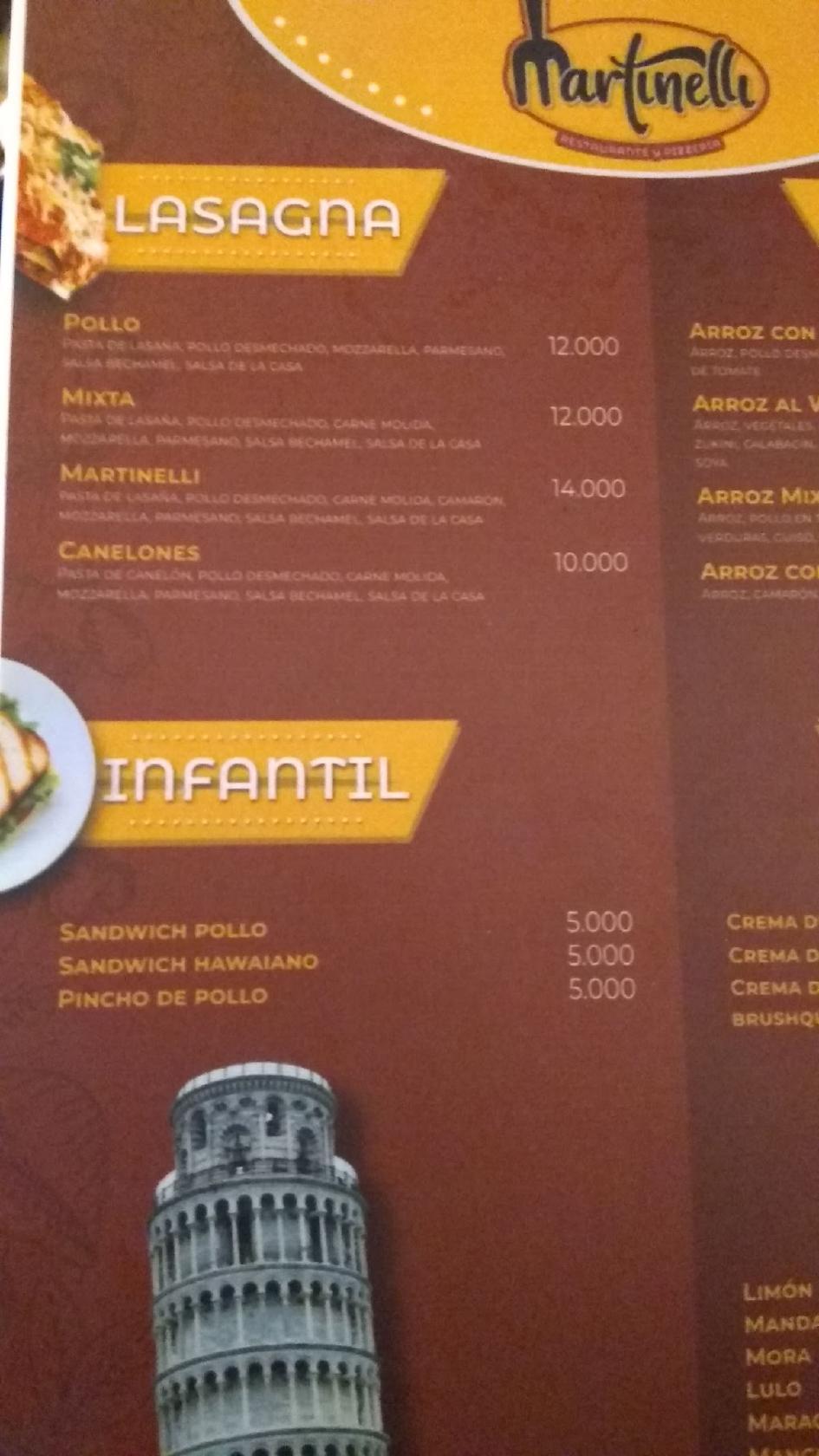 Menu at Martinelli restaurant, Piedecuesta