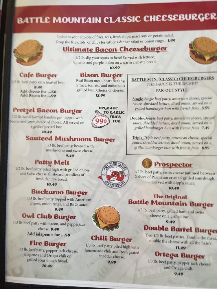 Menu at Owl Club Casino & Restaurant, Battle Mountain
