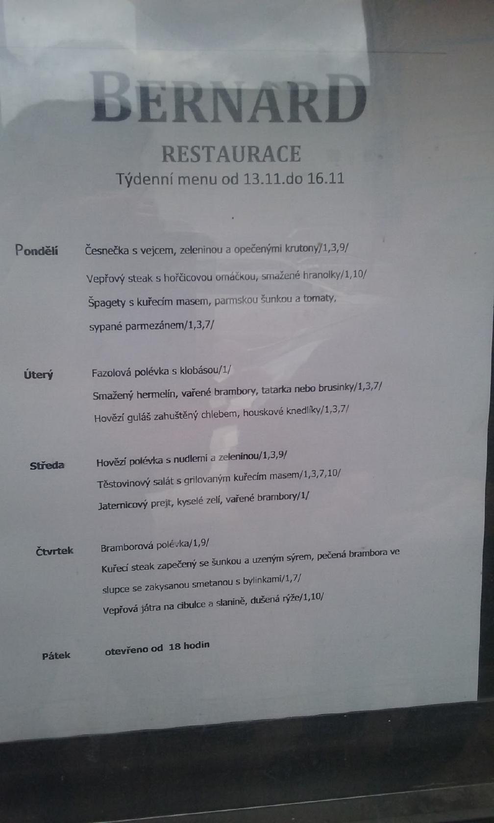 Menu at Restaurace Bernard restaurant, Ceske Budejovice