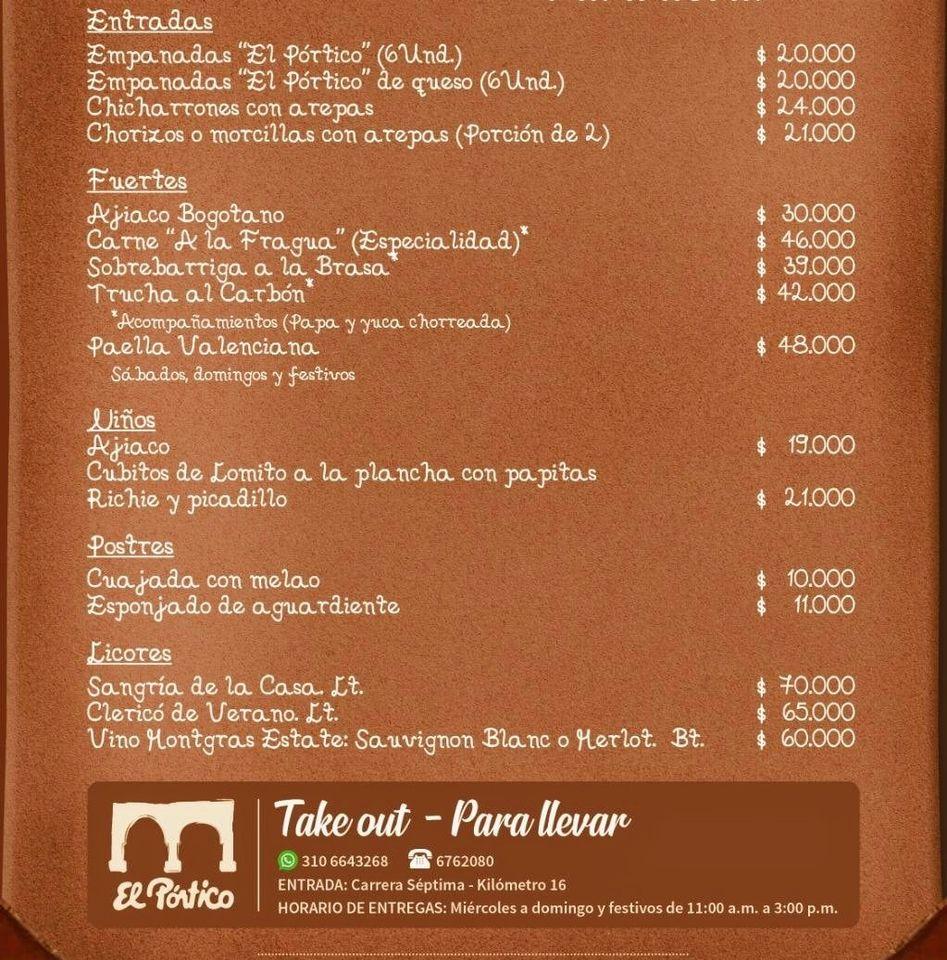 Carta de Restaurante El Portico, Chía