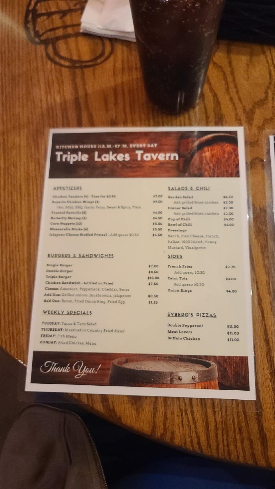 Menu at Triple Lakes Tavern pub & bar, Dupo
