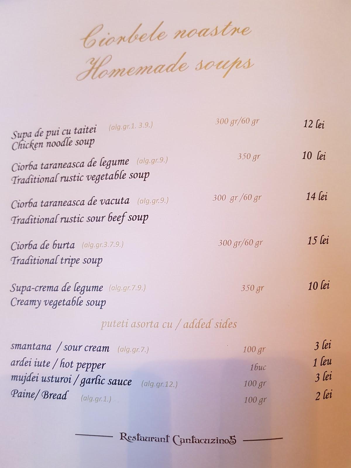 Menu at Vila Camelia, Sinaia