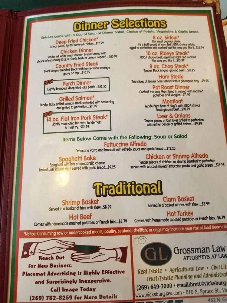 Menu at Yogi's restaurant, Vicksburg