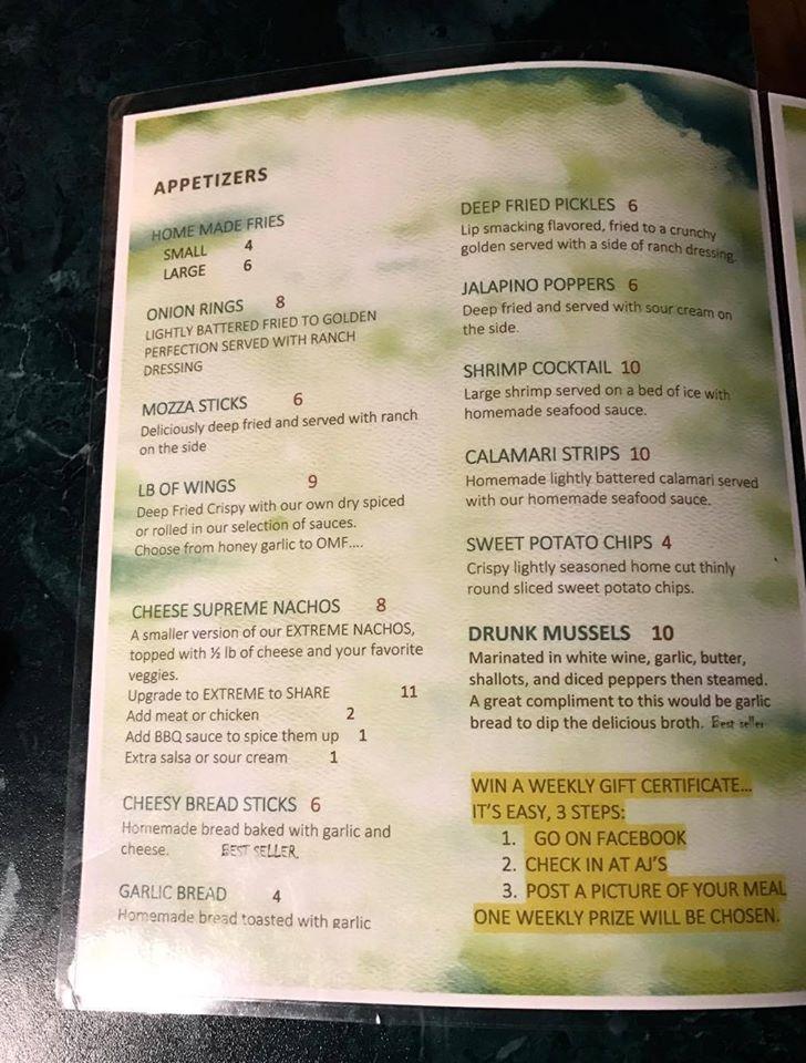 Menu at AJ's Bar & Billiards, Corner Brook