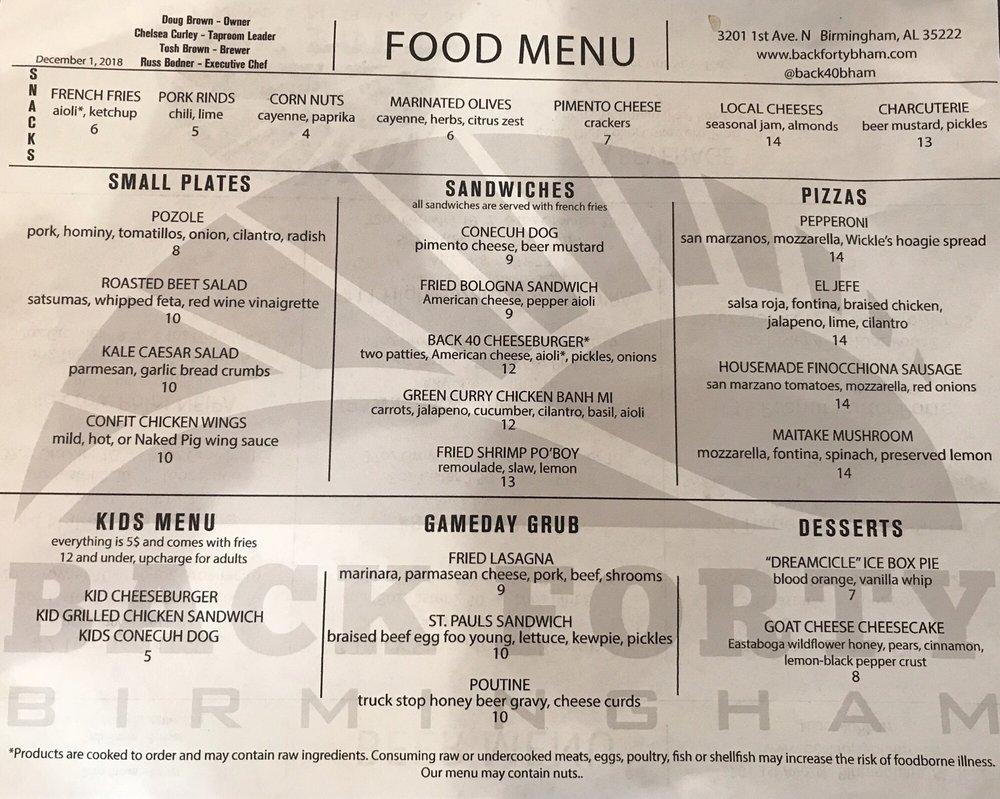 Menu at Back Forty Beer Company Birmingham, Birmingham