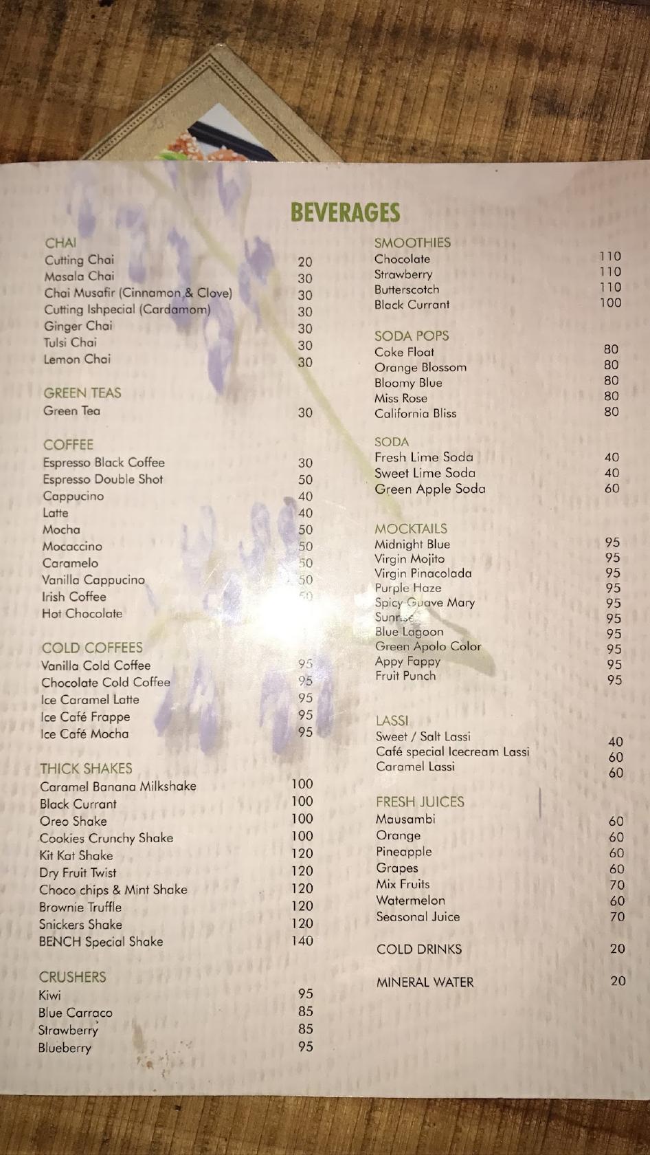 Menu at Bench Cafe & Restaurant, Hyderabad