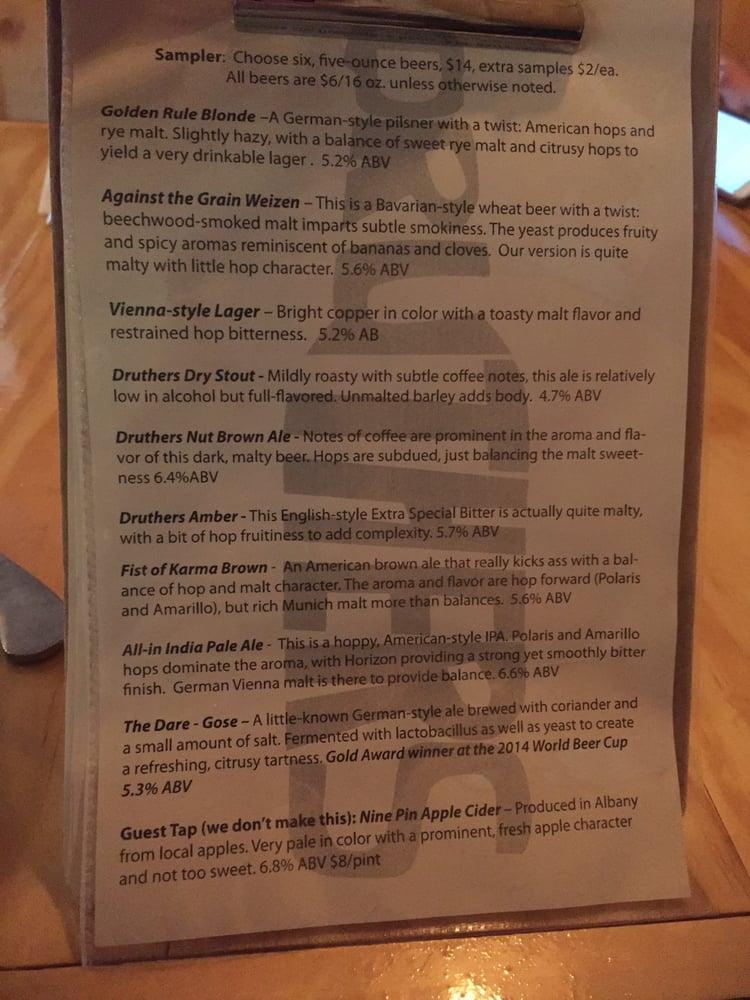 Menu at Druthers Brewing Company pizzeria, Saratoga Springs