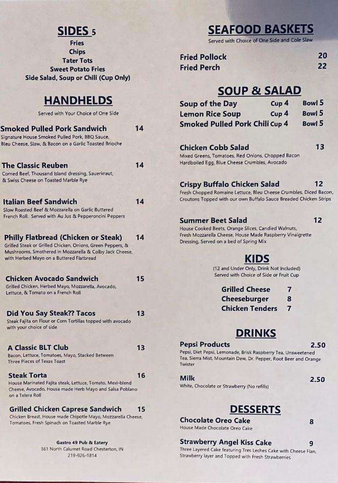 Menu at Gastro 49 restaurant, Chesterton