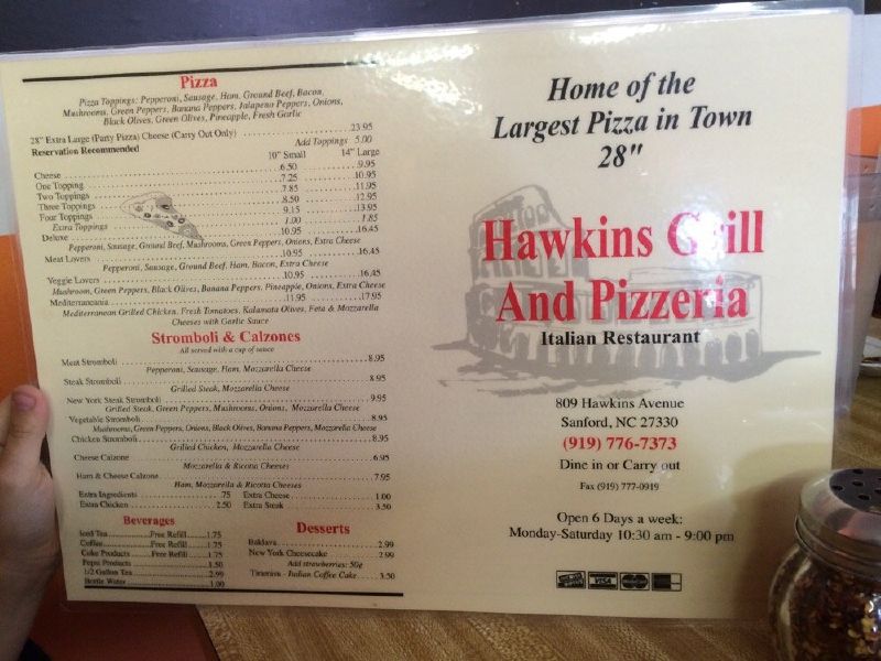 Menu at Hawkins Grill & Pizzeria, Sanford