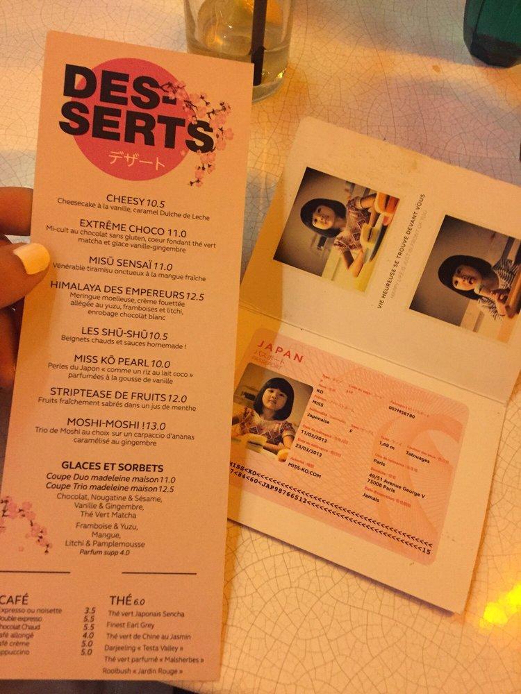 Menu at Miss Kô restaurant, Paris