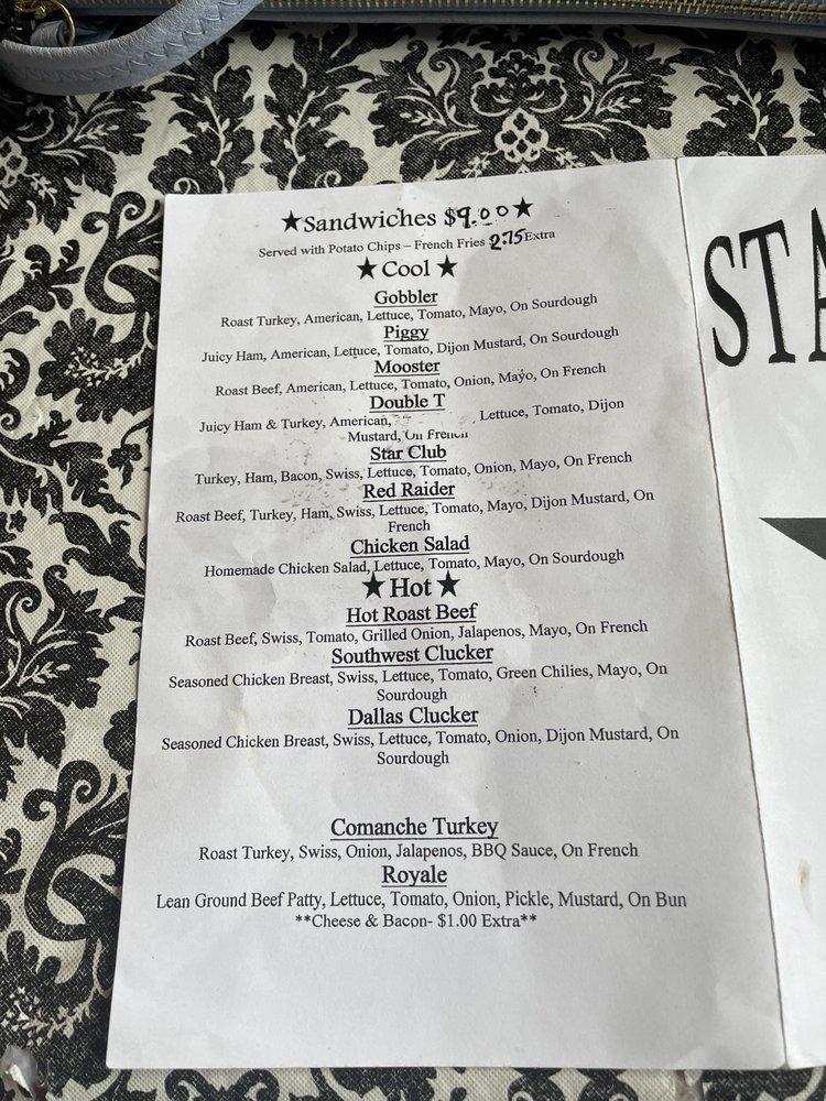 Menu at Star Beau's restaurant, Comanche