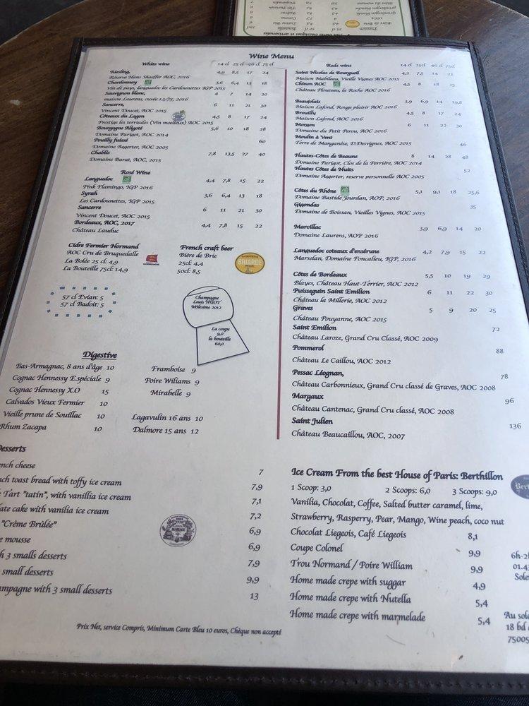 Menu at Au Soleil d'Austerlitz restaurant, Paris, 18 Bd de l'Hôpital