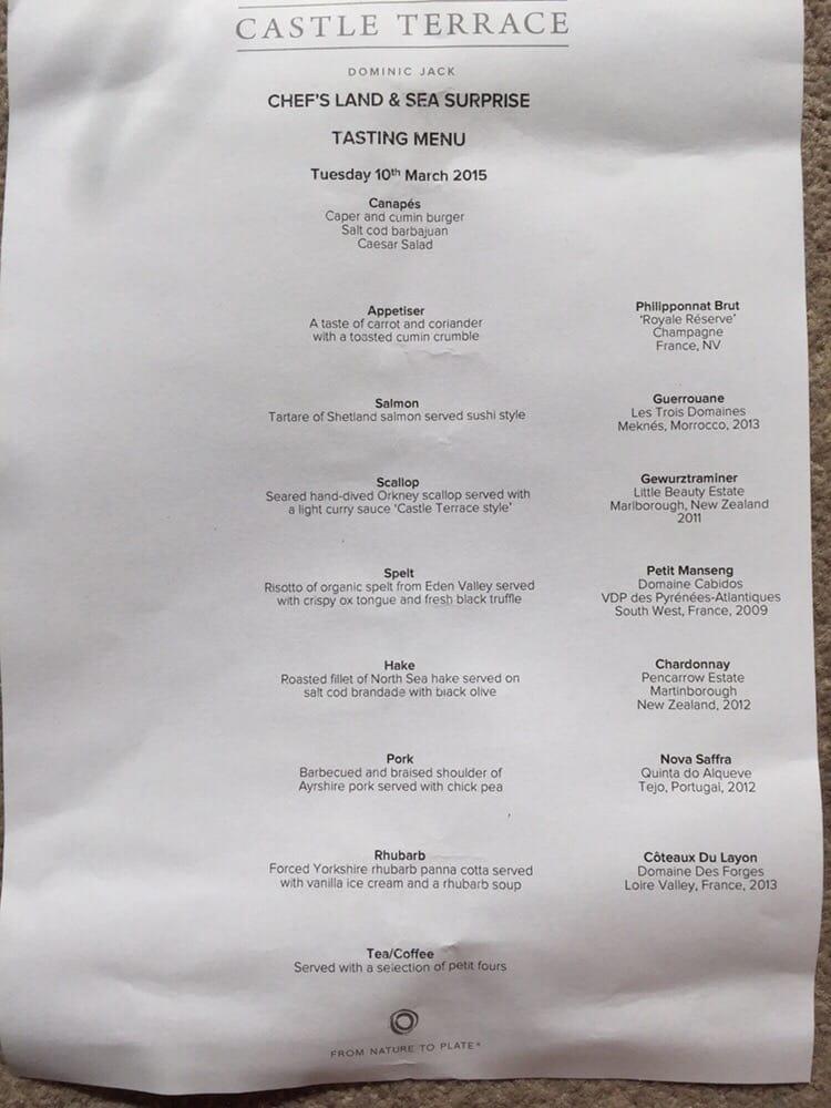 Menu at Castle Terrace restaurant, Edinburgh