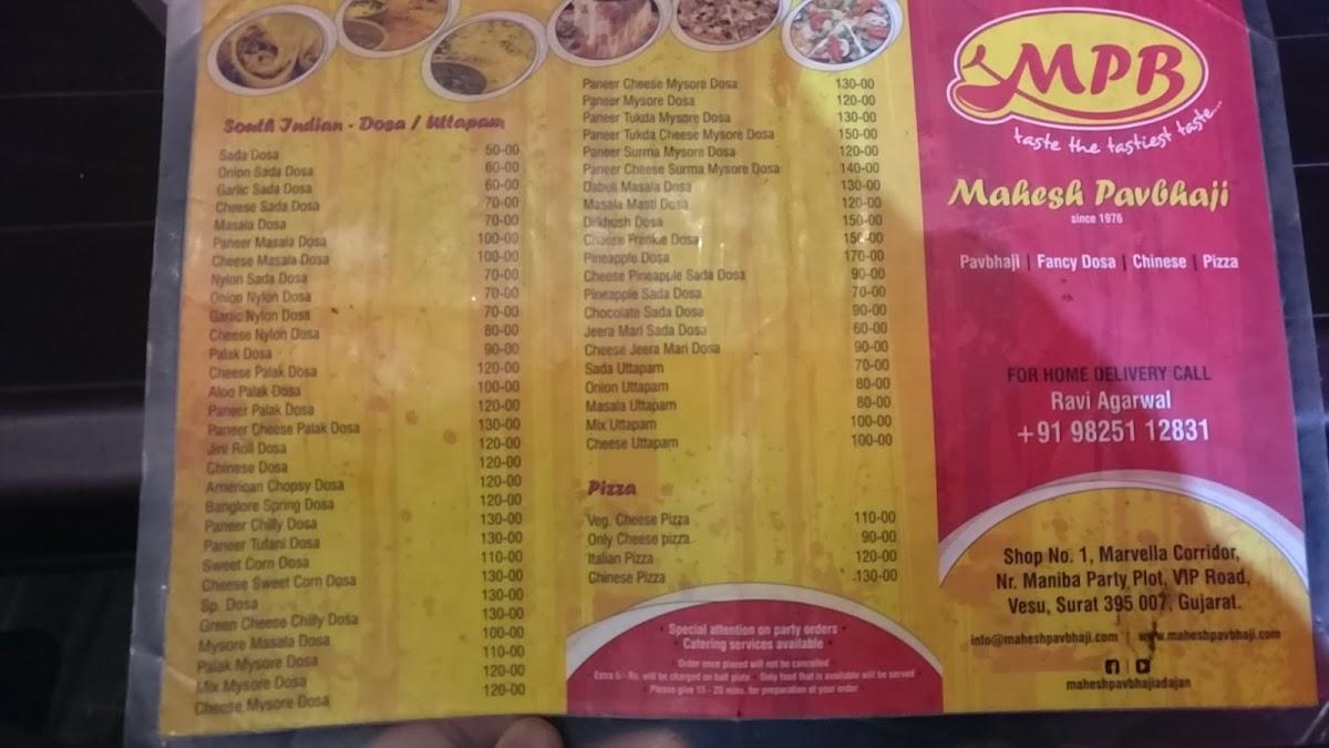 Menu at Mahesh Pavbhaji, Surat, 4QVP+4W8 Four Point