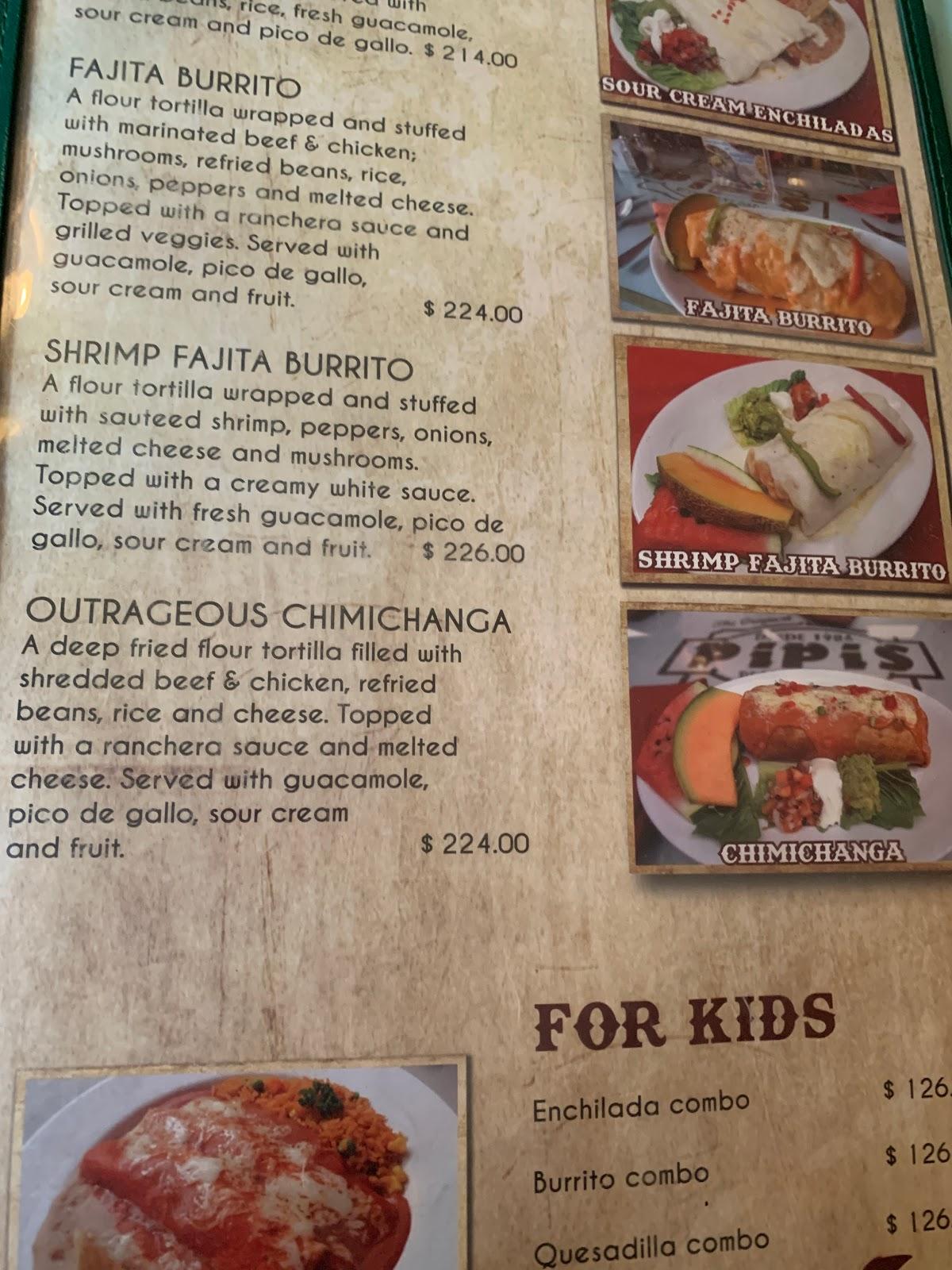 Menu at Pipis restaurant, Puerto Vallarta