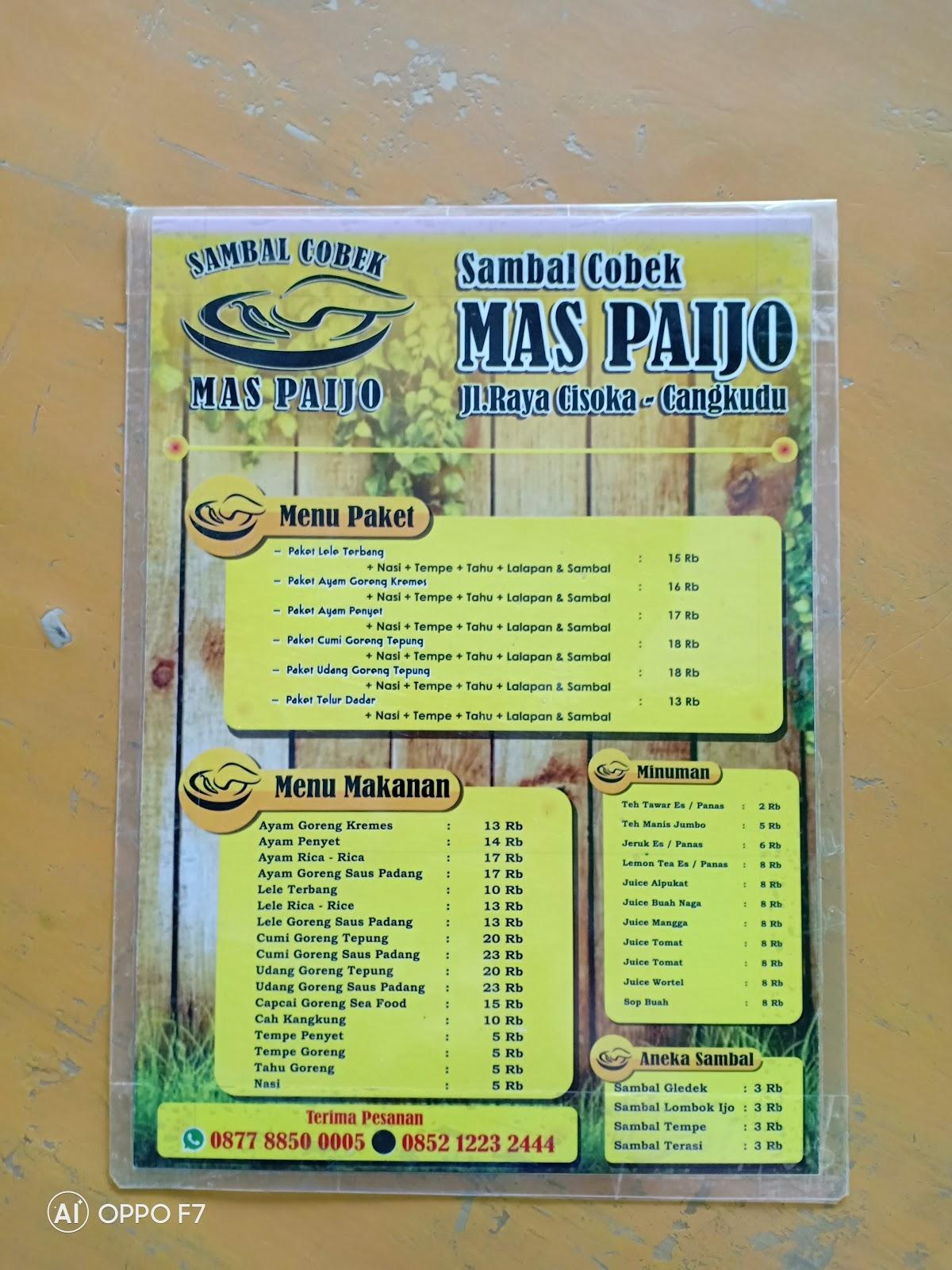 Menu at Sambel Cobek Mas Paijo restaurant, Talagasari