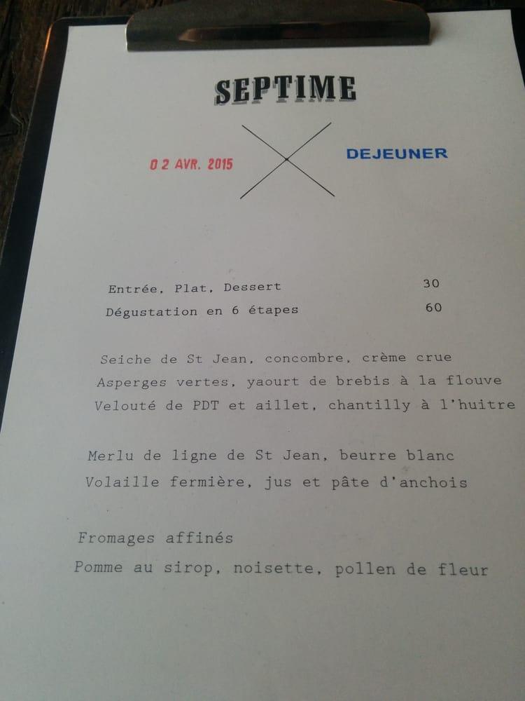 Menu au Septime restaurant, Paris, 80 Rue de Charonne