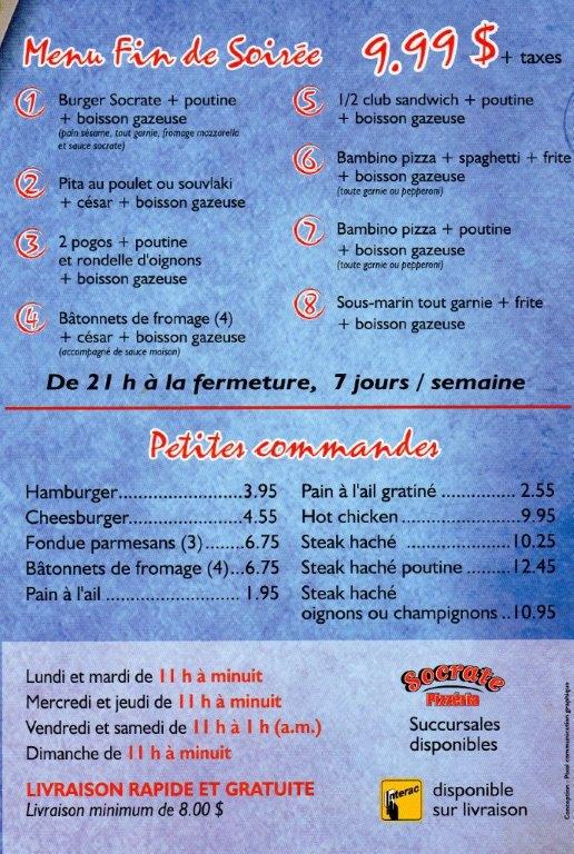 Menu at Socrate pizzeria, Shawinigan