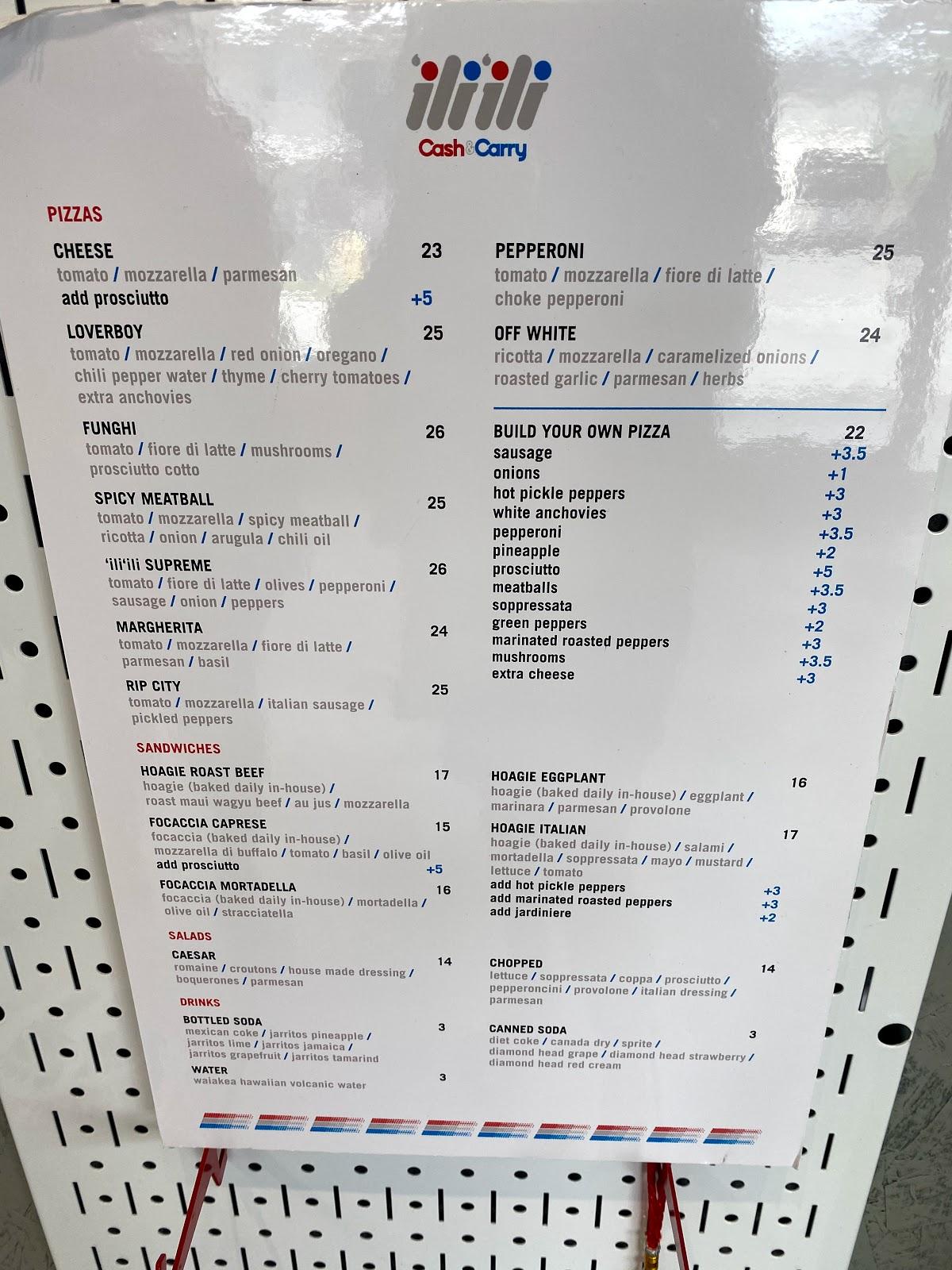 Menu at 'ili'ili Cash & Carry pizzeria, Honolulu