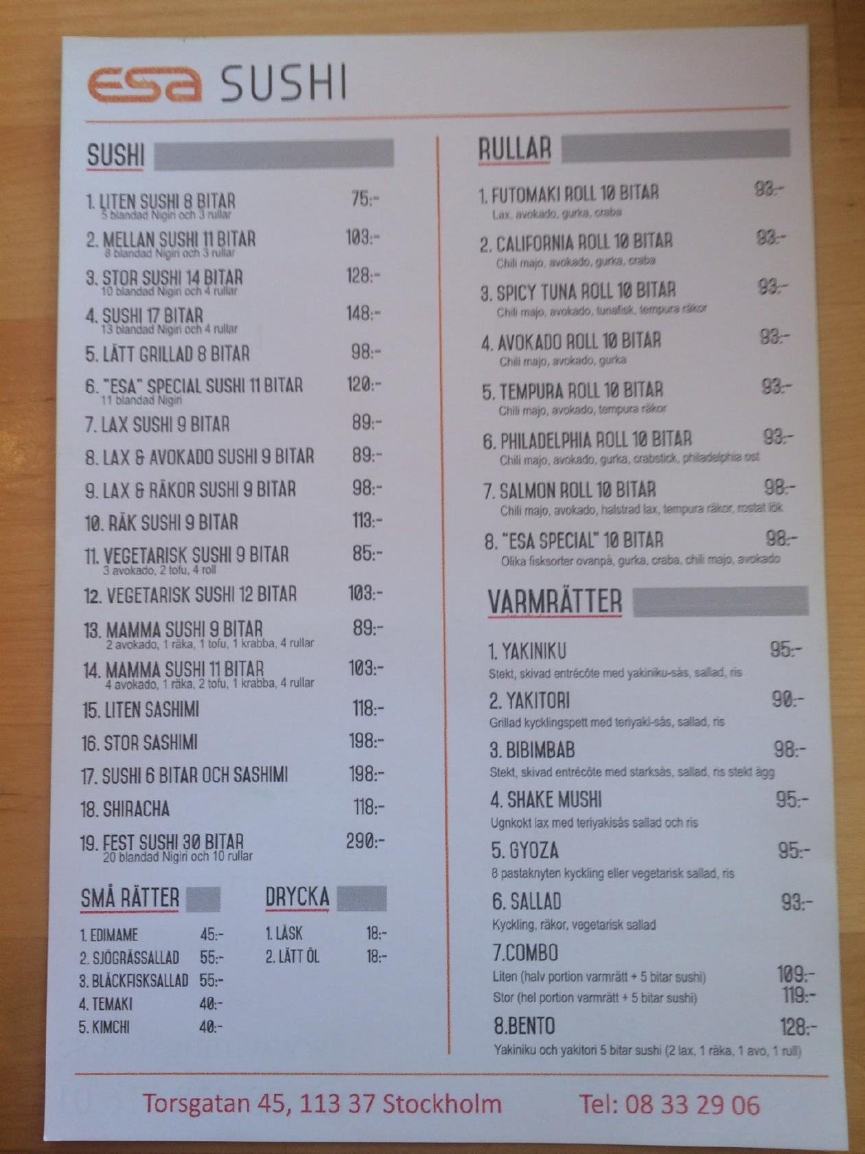 Menu at ESA restaurant, Stockholm