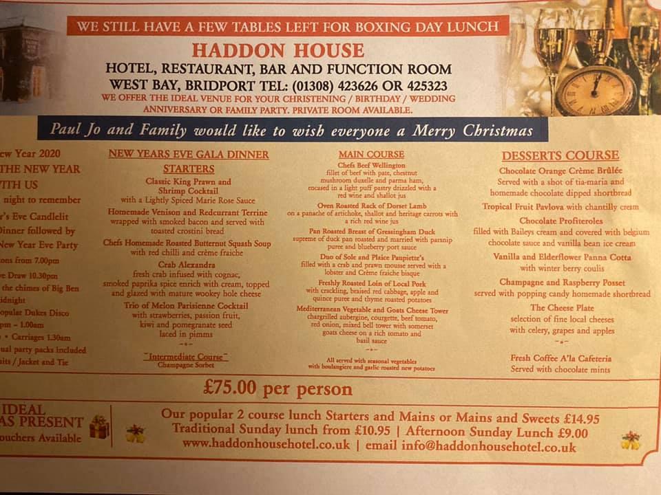 Menu at Haddon House Hotel pub & bar, Bridport