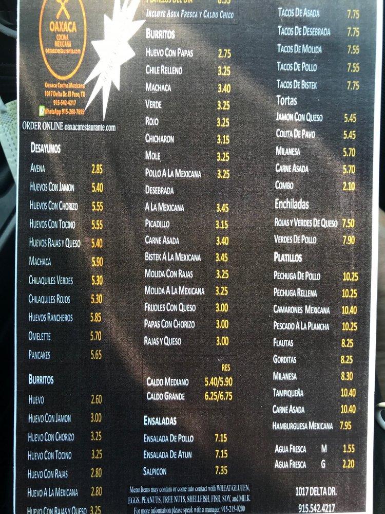 Menu at Oaxaca Cocina Mexicana restaurant, El Paso, Delta Dr
