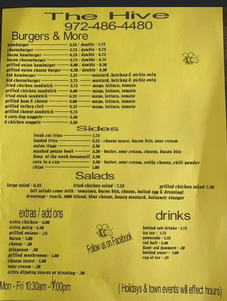 Menu at The Hive Burgers & More restaurant, Scurry