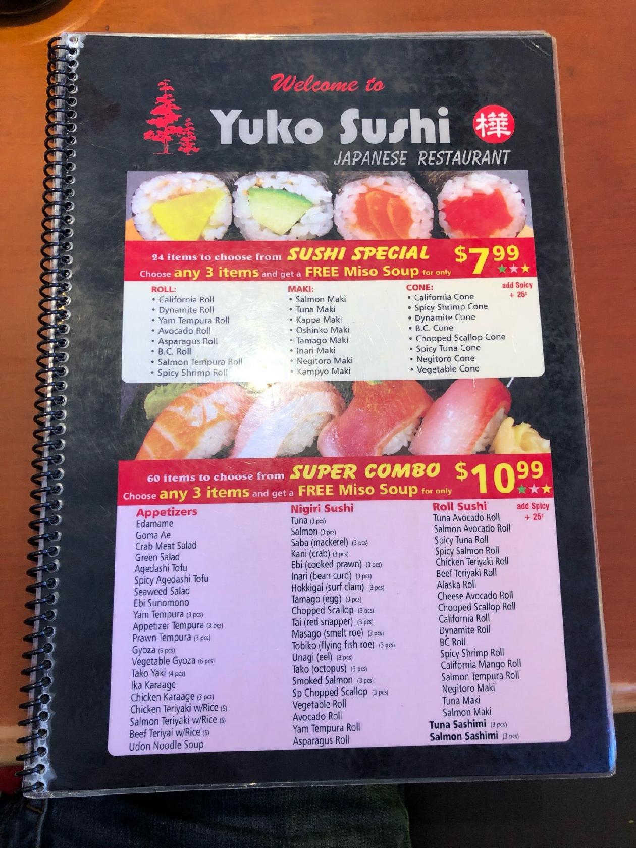Menu at Yuko Maki restaurant, North Vancouver, Lonsdale Ave