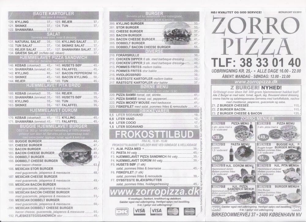 Menu at Zorro Pizza restaurant, Copenhagen