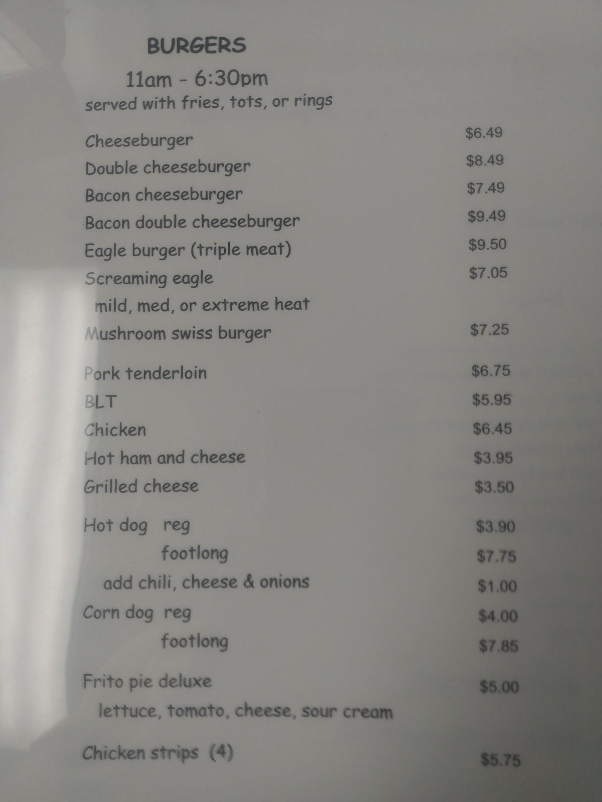 Menu at Eagles Roost restaurant, Purdy