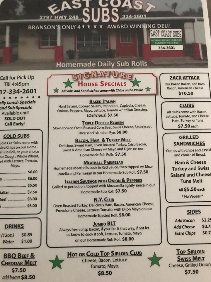 Menu at East Coast Subs restaurant, Branson, Bee Creek Rd