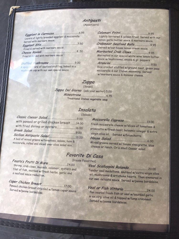 Menu at Fausto's Bistro restaurant, Metairie