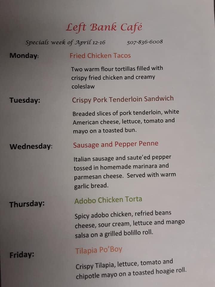 Menu at Left Bank Cafe, Slayton
