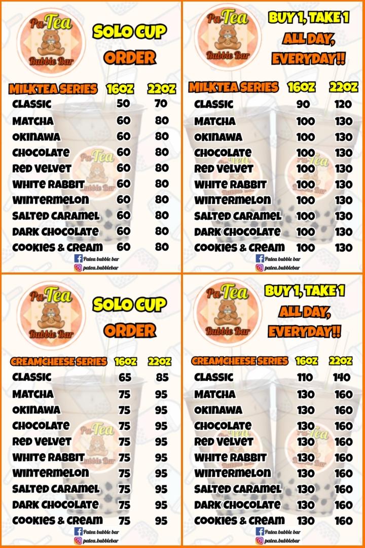 Menu at PaTea Bubble Bar, Caloocan