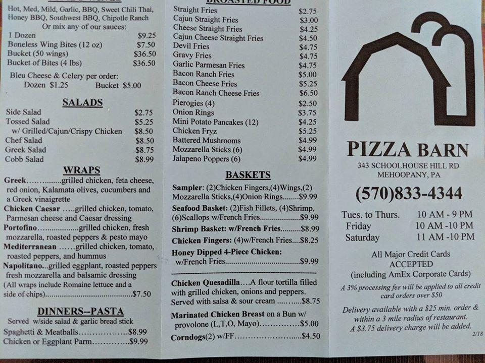 Menu at Pizza Barn, Mehoopany, 343 Schoolhouse Hill Rd