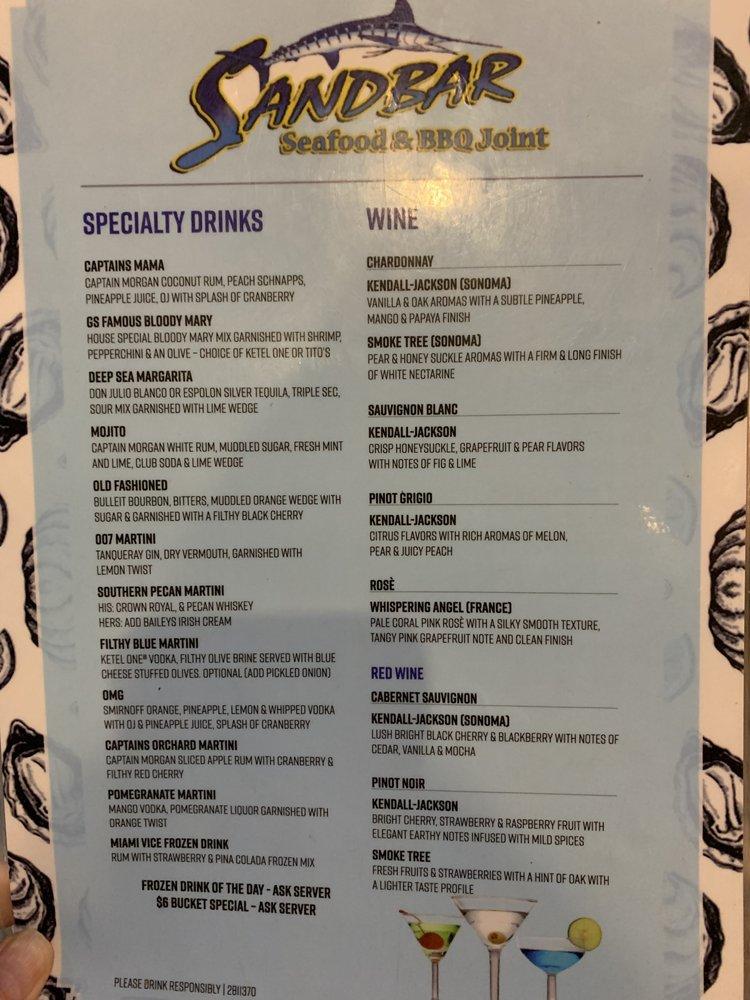 Menu at Sandbar, Panama City Beach