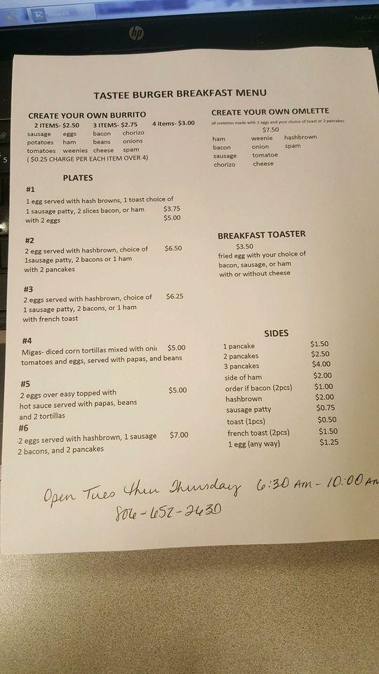 Menu at Tastee Burgers restaurant, Lockney