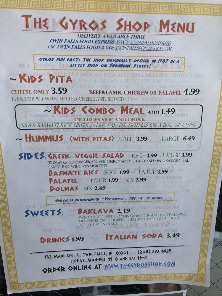 Menu at The Gyros Shop restaurant, Twin Falls